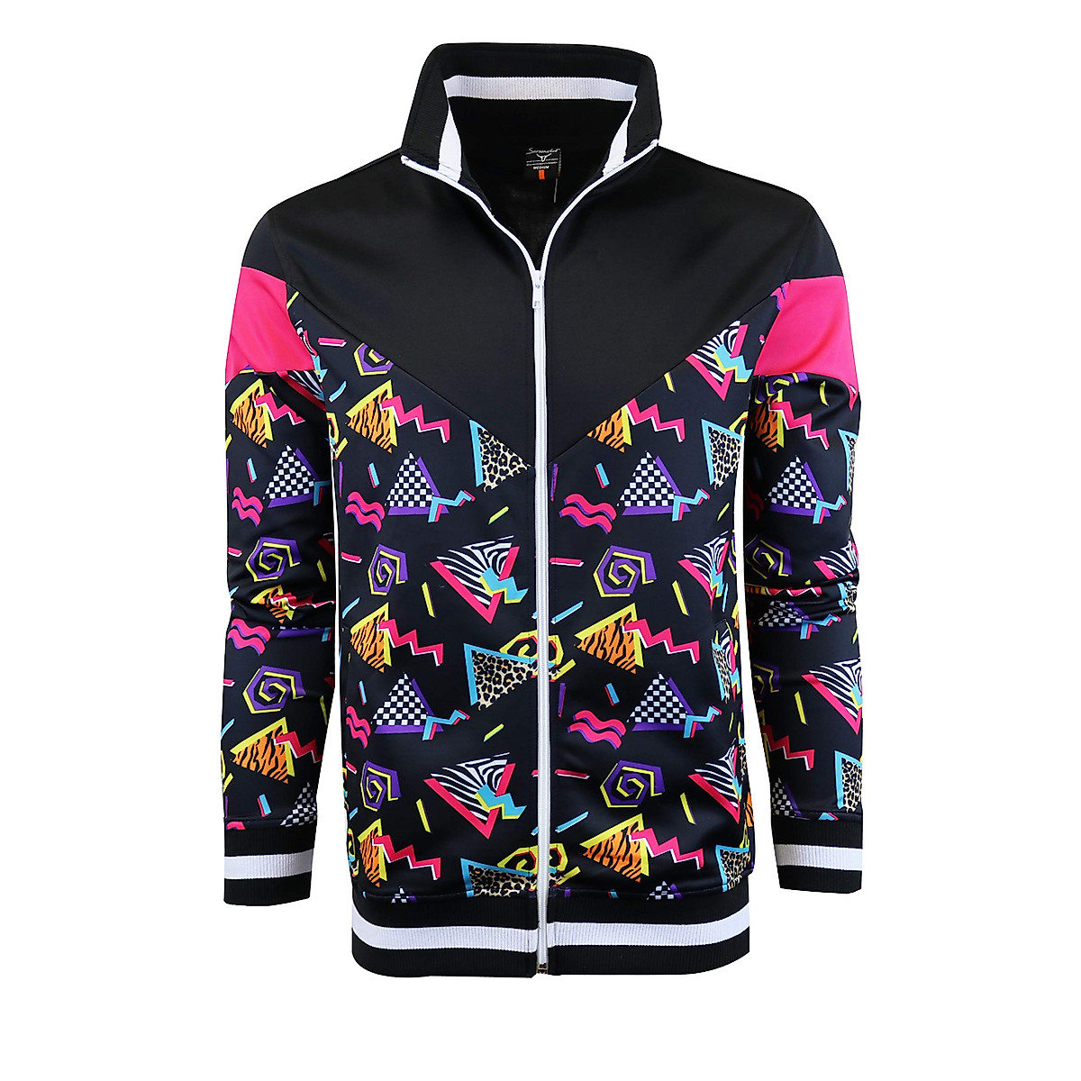 SCREENSHOT-F11904 Mens Urban Hip Hop Premium Track Jacket - Slim Fit 80's Retro Pattern Print Streetwear Fashion Top-Black/Pop-Large