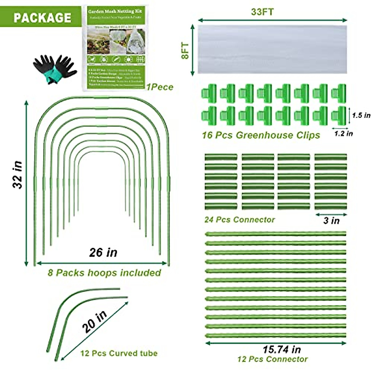 75 Pieces Garden Mesh Netting Kit, 8 x 33 Ft Plant Cover Ultra Mesh Netting & 8 Pcs Garden Hoops & 16 Pcs Clips for Vegetable Plants Fruits Flowers Crop Greenhouse Cover Birds Animals Protection Net