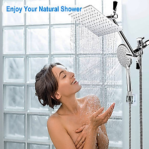 Shower Head, 8'' High Pressure Rainfall Shower Head / Handheld Showerhead Combo with 11'' Extension Arm, CUMIZON 6 Spray Settings Handheld Showerhead with Holder/ Hose, Flow Regulator, Chrome