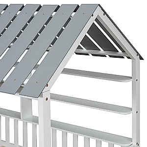 Harper & Bright Designs House Bed Twin Size with Fence Guardrails, Montessori Bed Frame with Storage Shelves, Wood Playhouse Beds for Kids Girls Boys, White