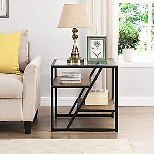 Black Side Table End with Storage Shelf Tempered Glass Coffee Metal Frame for Living Room Modern Contemporary Rectangular MDF Includes Hardware