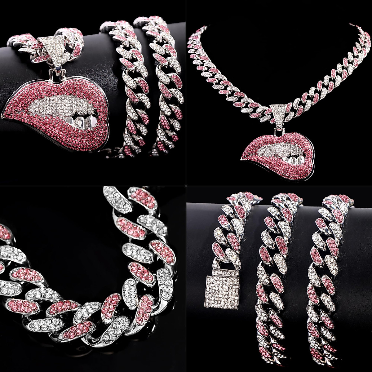 Iced Out Chain for Women Men, Cuban Link Chain, Hip Hop Pink Bite Lip Shape Pendant Necklace for Women with Bling Iced Out Silver Color Cuban Link Chain HipHop Necklace Jewelry (20 Inches, Silver plating)