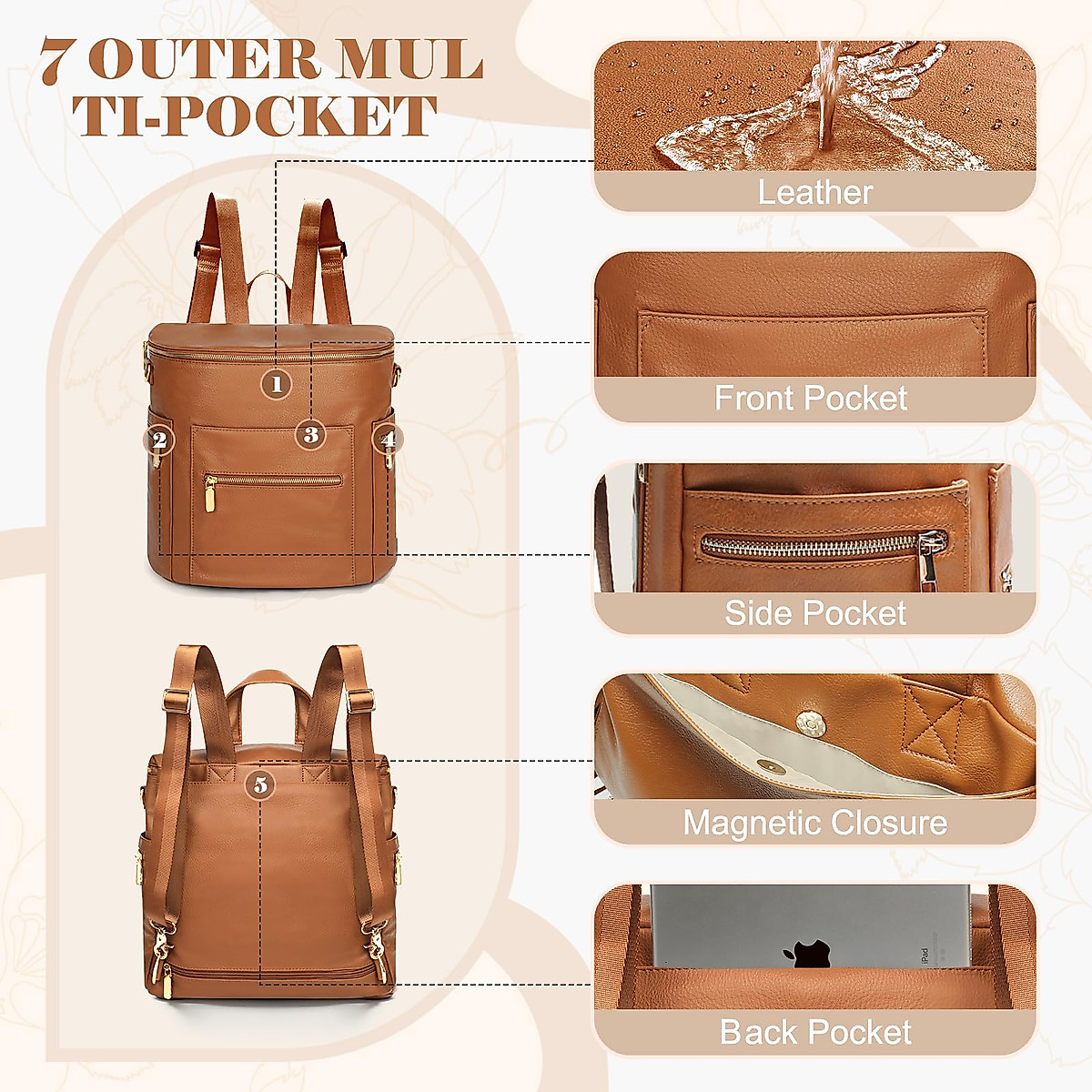 miss fong Diaper Bag Backpack Baby Diaper Bag, Large Leather Diaper Bag Backpack with Changing Pad, Stroller Straps, and 2 Insulated Pockets(Convertible, Brown)