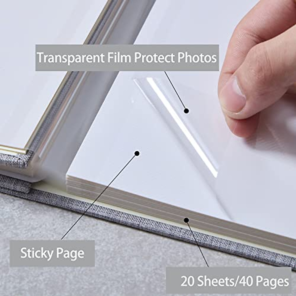 Photo Album 11x10.6 Inch, 40 Pages Self Adhesive Scrapbook Album with Gray Linen Cover Hold 3x5 4x6 5x7 6x8 8x10 inch Pictures, Woisut DIY Memory Album Book for Wedding Family Baby Travel