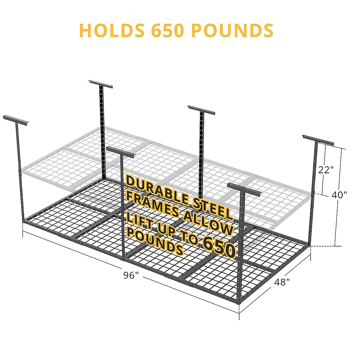 4x8 Heavy Duty Steel Overhead Garage Ceiling Storage Rack, Adjustable Ceiling Mounted Racks, Sturdy Hanging Garage Storage, 650lbs Weight Capacity, 42 in. H x 96 in. W x (22-40 Dropdown), Black