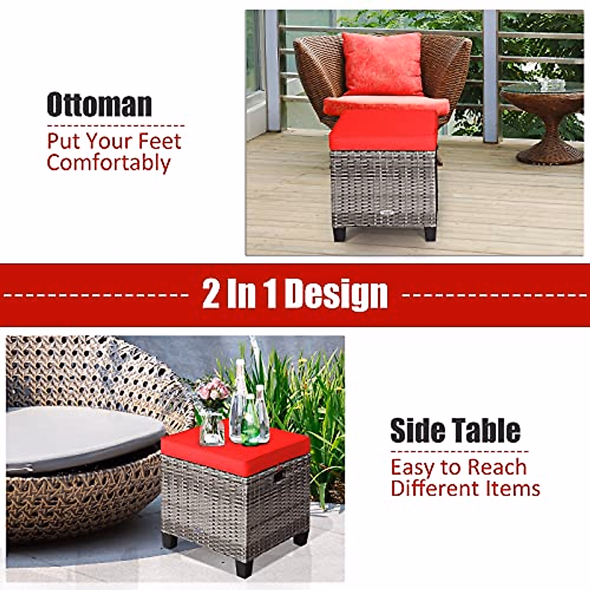 Tangkula 2 Pieces Patio Rattan Ottomans, Outdoor Wicker Footstool Footrest Seat with Soft Cushions and Steel Frame, All-Weather Patio Ottoman Set for Backyard Garden Poolside (Red)