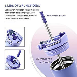 BOTTLE BOTTLE Insulated Coffee Tumblers with Dual-use Lid and Straw Double Walled Iced Travel Coffee Mug for Woman and Man 12oz Stainless Steel Tumbler with Handle（purple）