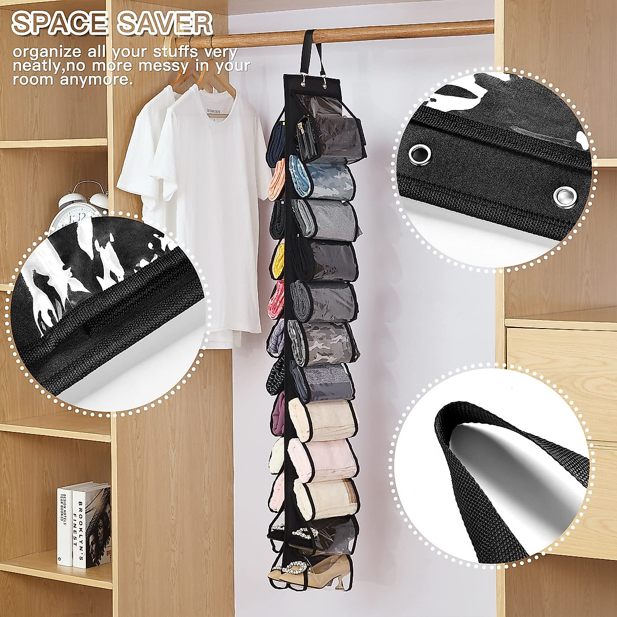 Innvix Yoga Legging Storage Organizer-Space Saving Clothes Closets Roll Holder, Hanging Organizer Storage with 24 Roll Independent Compartments (BDLW)