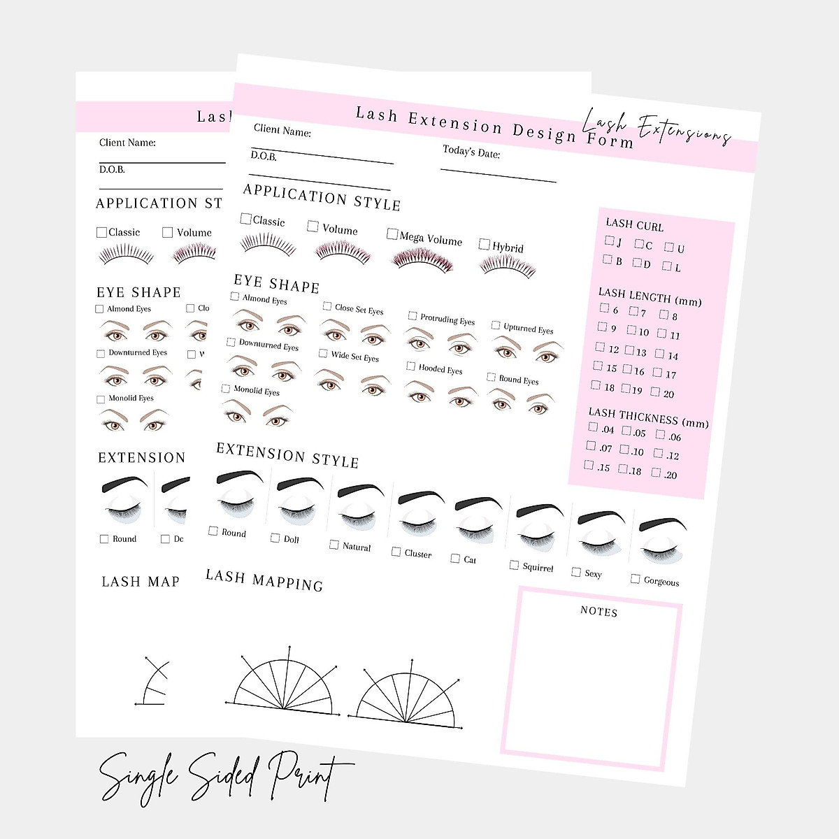 Lash Extension Eyelash Consent, Intake, Aftercare forms with Mapping length curl application style | 75 Pack | 25 of each Consent, Intake, Aftercare, and Design Forms for Lash Artists | 8.5 x 11 inch