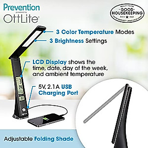 LED Task Adjustable Lamp with Digital Display, Prevention by OttLite - Designed to Reduce Eyestrain - Adjustable Neck, 3 Color Modes & USB Charging - Crafting, Office Work, Reading & Studying