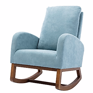 SmartDer Comfy Rocking Chair Nursery, Padded Rocking Chair with A Pocket, Accent Armchair with High Backrest and Solid Wood Base, Modern Lounge Living Room Chair for Nursery, Lake Blue