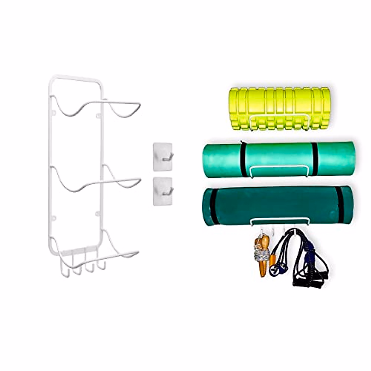 KOOLIST Yoga Mats Holder, Wall Mount, Rack for Yoga Mats or Towel Storage. 3 Shelf Contoured Design with additional 4 Hook Assembly
