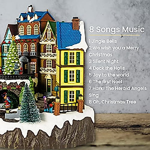 YQQY Christmas Village House, 12.4" H Large Size, Colourful LED Lights with Christmas Music, Rotating Christmas Trees and Roller Skaters, Christmas Decoration for Home (Yellow)