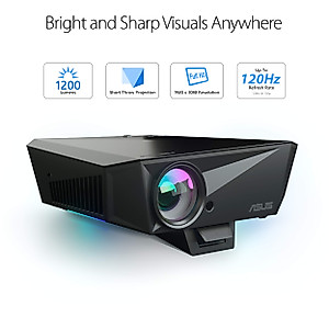ASUS F1 LED Projector, FHD 1080P 1200 Lumens, 3D, Short Throw | Premium Audio by Harman Kardon | Wireless Projection | Remote Control | 2 Years Warranty