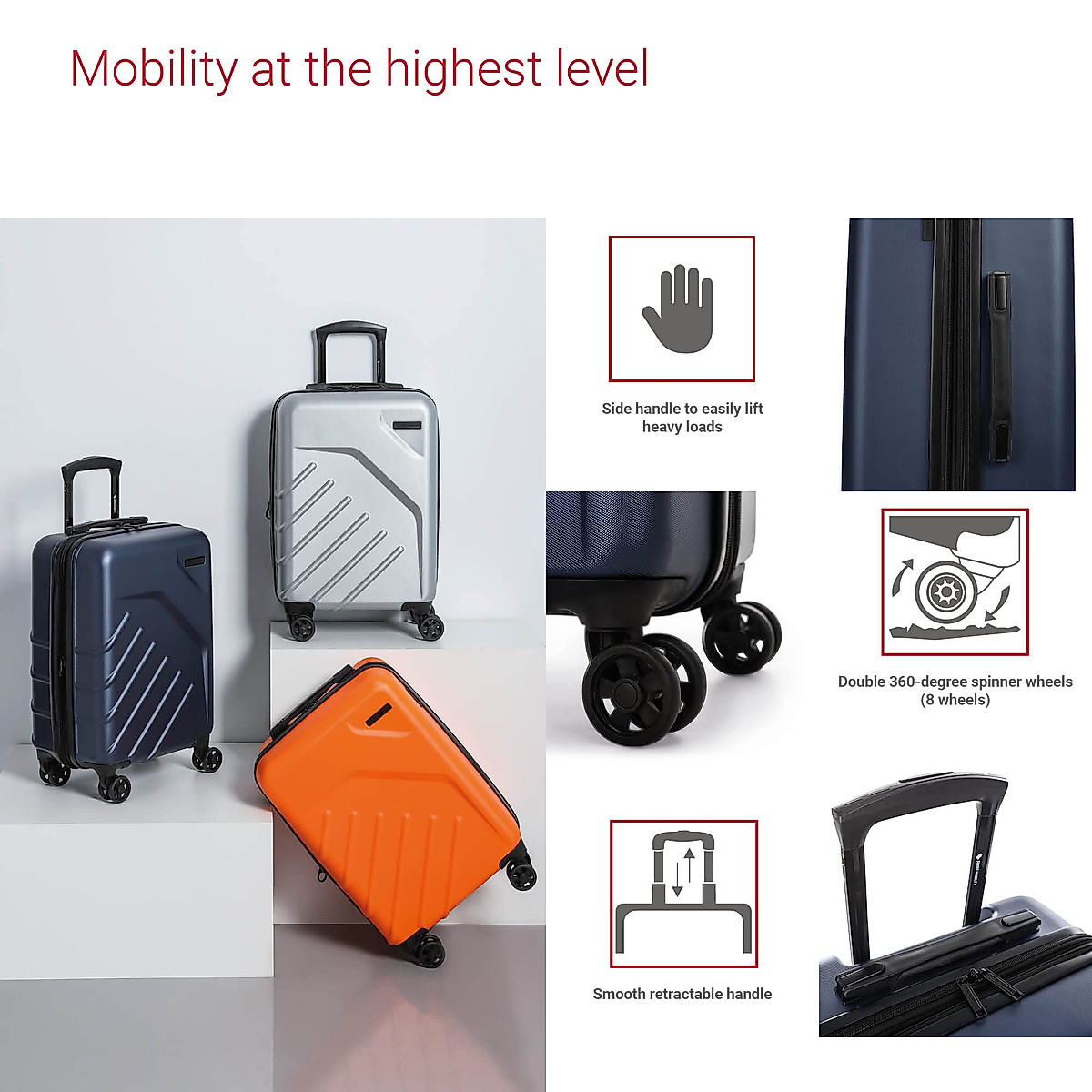 Swiss Mobility LGA Collection 3 Piece Hard Shell Luggage Set, Expandable Suitcases with 360-Degree Spinner Wheels, Retractable Handle, 20 Inch Carry On, 24 Inch Mid-size, 28 Inch Large Bags, Navy