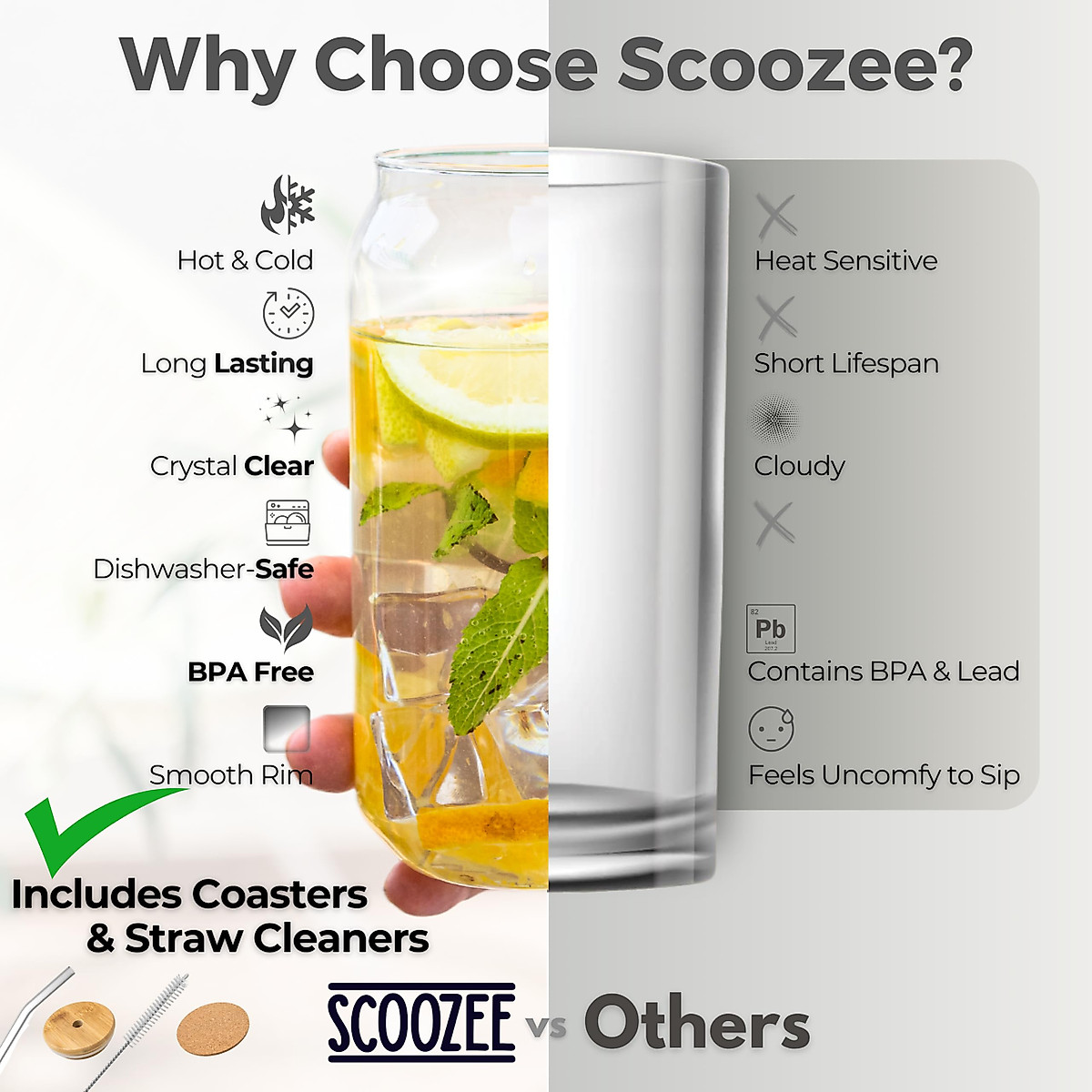 Scoozee Glass Cups with Lids and Straws (Set of 4, 16 oz) - Glass Tumbler with Straw and Lid, Can Shaped Drinking Glasses, Iced Coffee Cup, Beer Glasses - Aesthetic Cute Coffee Bar Gift