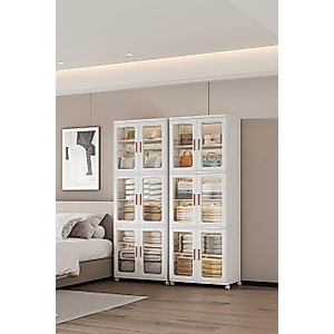 CXCJAI Storage Bins with Lids and Doors Storage Cabinet with Wheels Plastic Stackable Pantry Cabinet Cupboard Closet Foldable Kitchen Collapsible Storage Bins for Book Snack and Bathroom Organizer