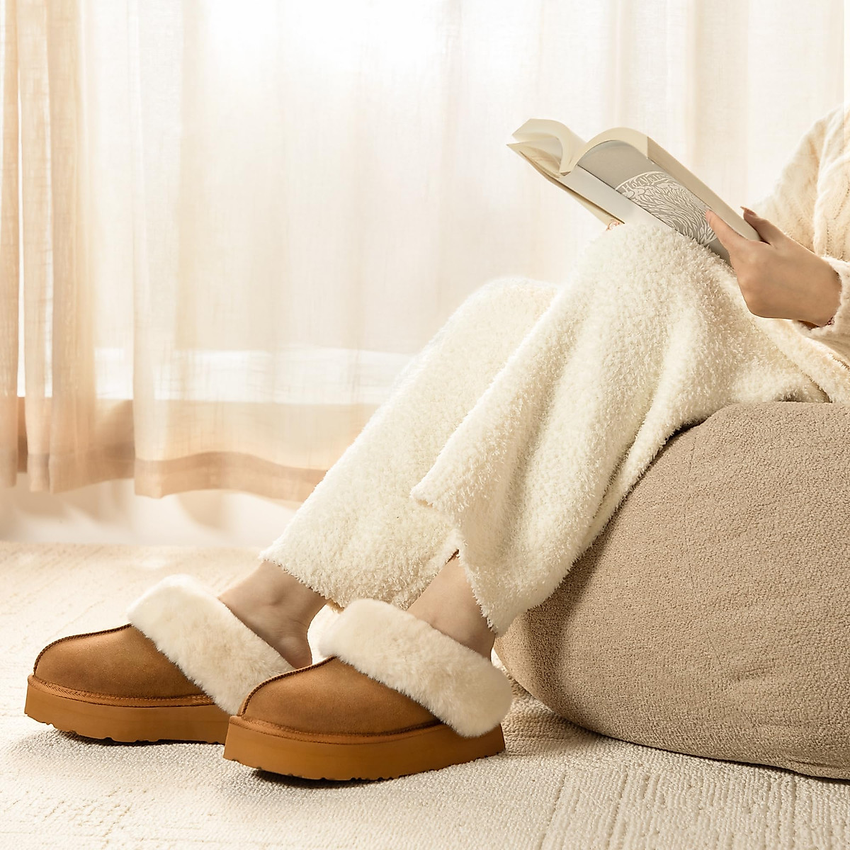 LazyStep Women's Moody Fuzzy Platform House Slippers, Mini Boots with Comfort Memory Foam, Slip-on Warm Fluffy Outdoor Indoor House Shoes(FW2024, Chestnut, Size 9-10)