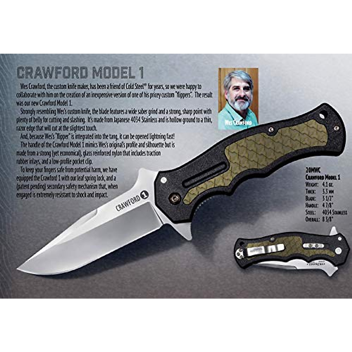 Cold Steel Crawford Model 1 Folding Knife with Pocket Clip, 3 1/2" Blade, Zy-Ex Handle