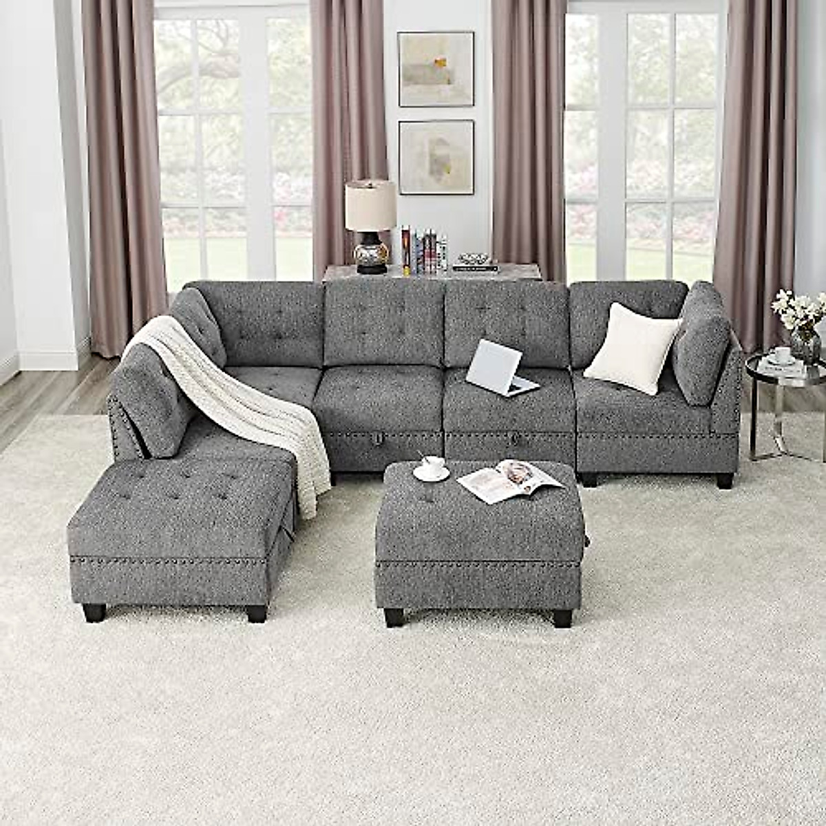 Free Combination Sectional Sofa Oversized Reversible Modular Couch L Shaped Corner Sofá Upholstered Deap Seat Sleeper Couches Bed with Storage for Living Room,3 Single Chairs,2 Corners,Double Ottomans