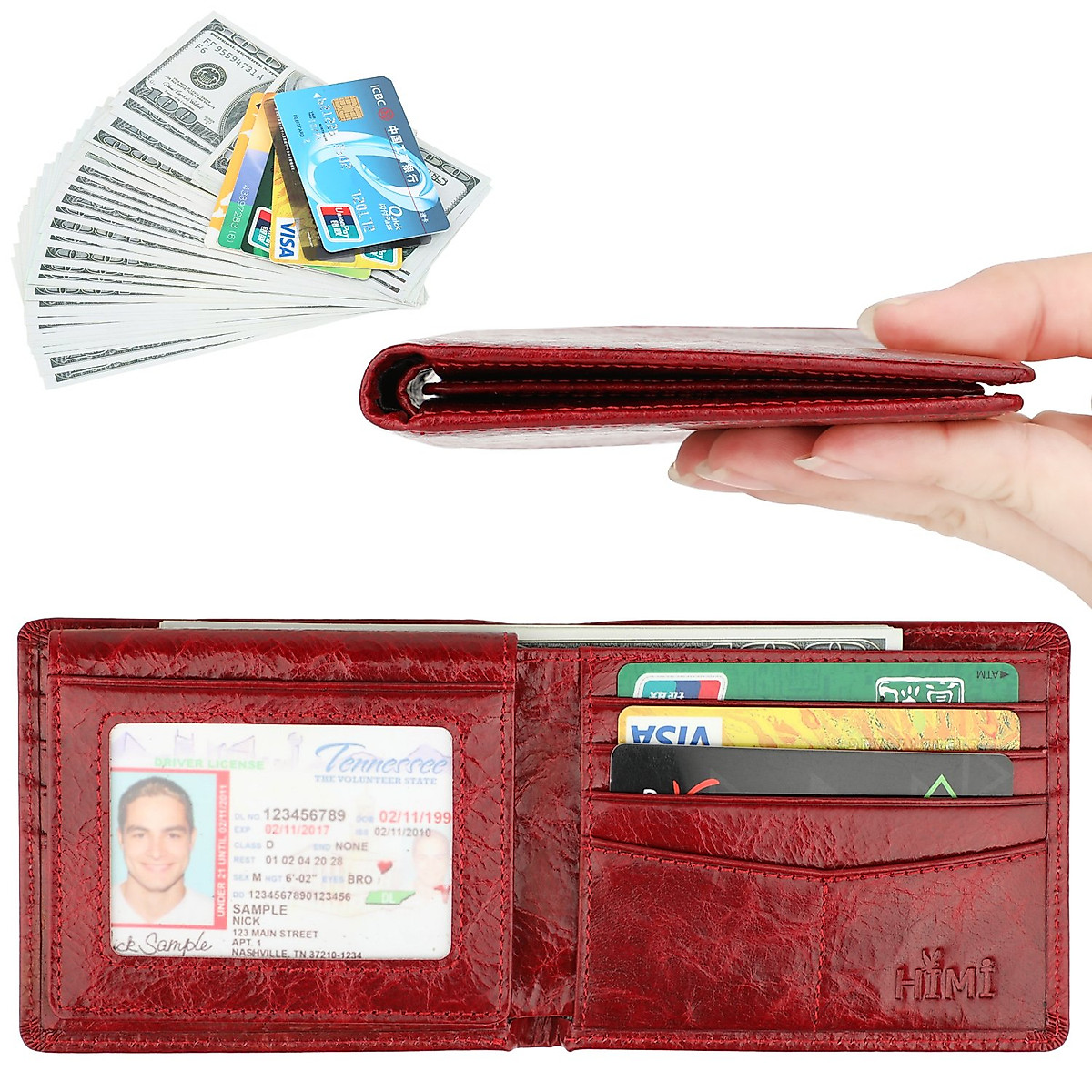 HIMI Wallet for Men-Genuine Leather RFID Blocking Bifold Stylish Wallet With 2 ID Window (Red)