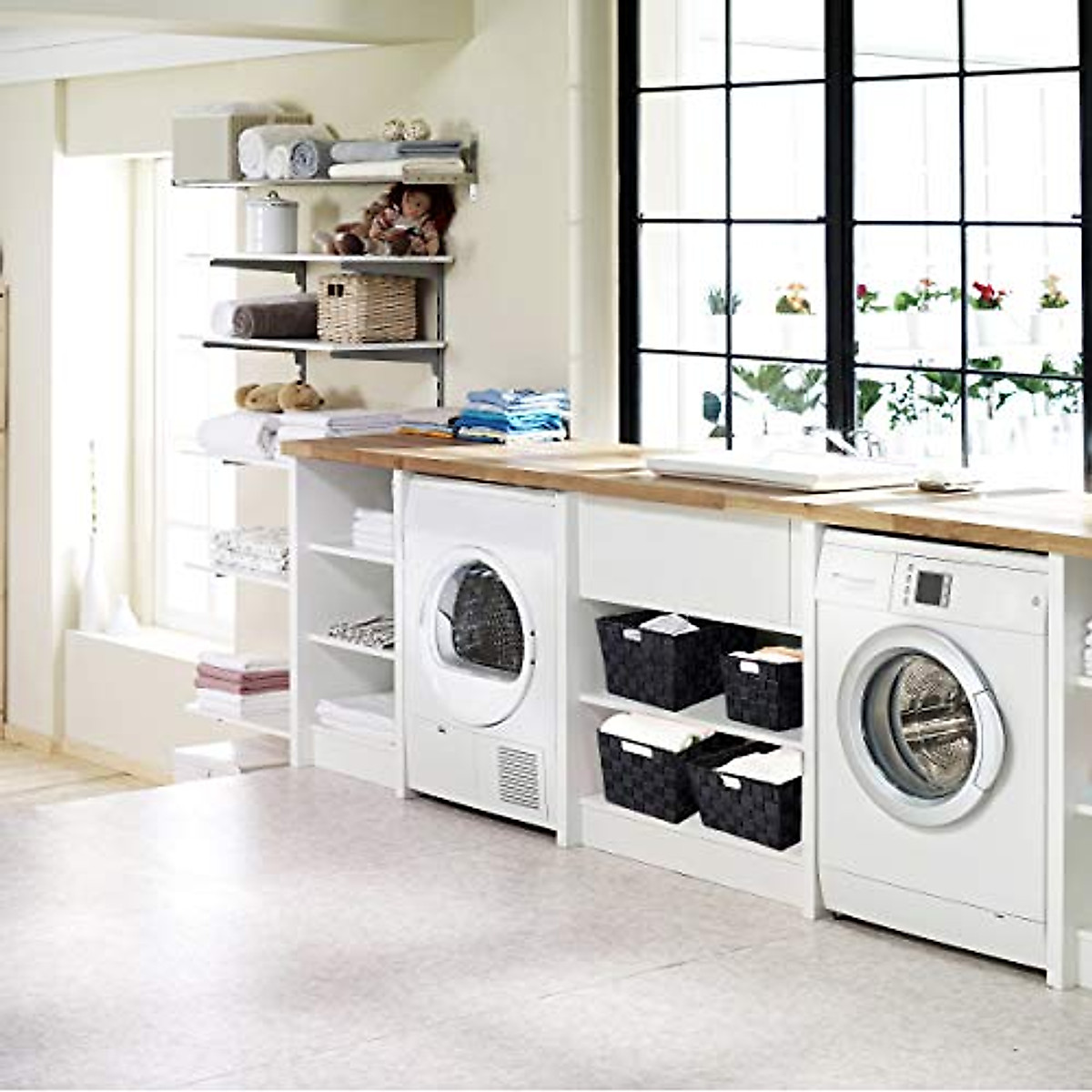 LEAVINSKY Woven Storage Box, Woven Strap Storage Basket Bin Container, Stackable Storage Basket, Woven Strap Shelf Organizer, Nylon Storage Basket for Closet, Office, 4 Pack, Black