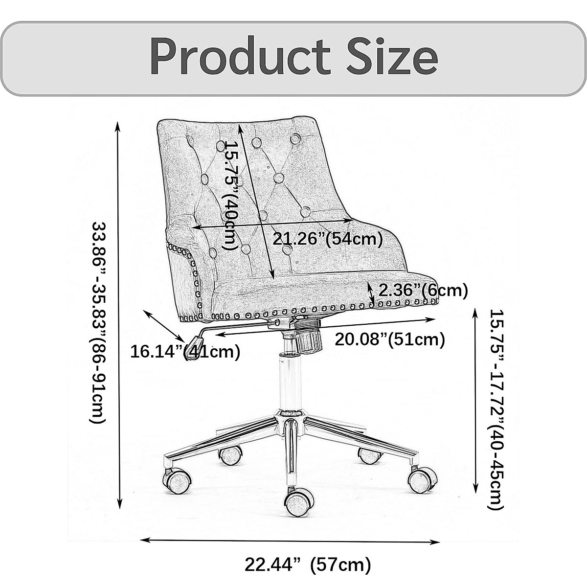 Freemax Velvet Desk Chair Tufted Office Chair with Wheels Accent Vanity Chair Fabric Task Swivel Armchair for Bedroom Living Room Black