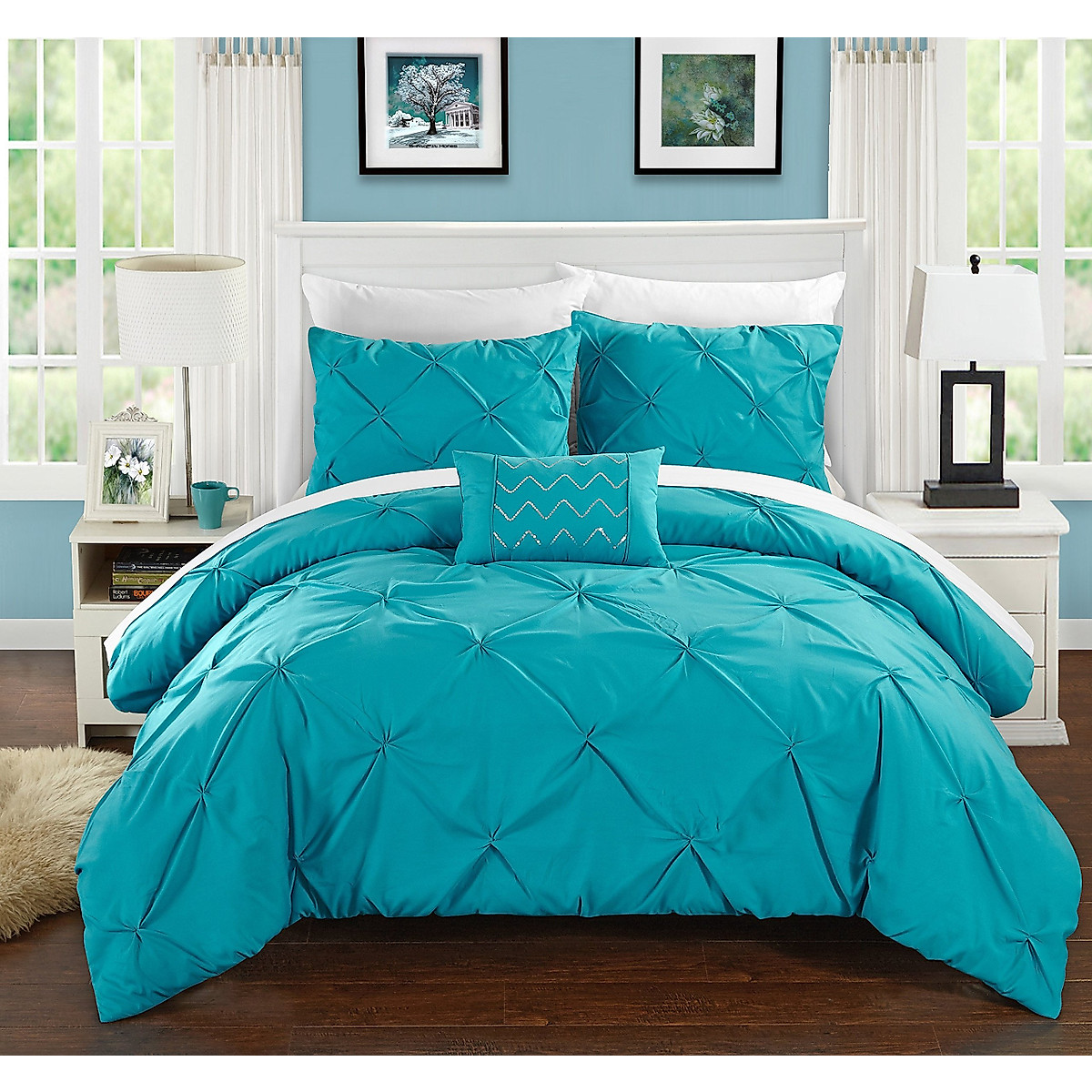 Chic Home 8 Piece Daya Pinch Pleated, Ruffled and Pleated Complete Queen Bed in a Bag Duvet Set Turquoise with White Sheets Included