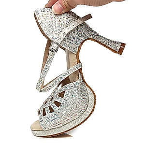 AOQUNFS Rhinestones Latin Dance Shoes Salsa Ballroom Practice Perfermence Dance Shoes for Women, Silver-L458-7.5,US7