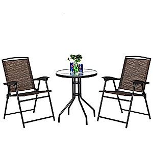 TKFDC 3PC Bistro Patio Garden Furniture Set 2 Folding Chairs Glass Table Top Steel Round Table