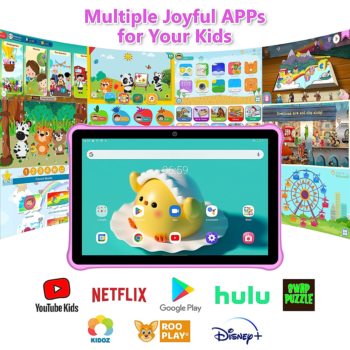 Blackview Kids Tablet Android 12 Tablet Tab A7 Kids 10.1 inch Tablets 64GB ROM 1TB Expand 6580mAh Tablet Toddler Tablet Bluetooth IPS HD+ Display Parental Control Educational Games Pink