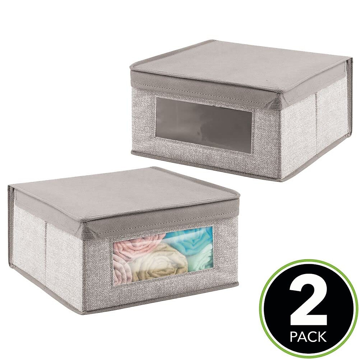 mDesign Medium Fabric Stackable Closet Storage Organizer Box with Front Window/Lid for Bedroom, Office, Mudroom Organization, Hold Clothes, Blankets, Linens, Lido Collection, 2 Pack, Linen/Tan