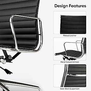 Furgle Ribbed Office Chair, Black Genuine Leather Desk Chair, Mid Back, Adjustable Ergonomic Computer Desk Chair with Aluminium Alloy Frame and Silent Nylon Wheels Load Capacity Up to 360 lbs
