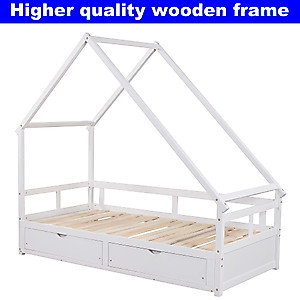 LEEKOUS STERXONE Best Wooden Daybed with Trundle Bed and Two Storage Drawers, Elegant Daybed Frame Can be Extendable from Twin to King Size, Kids House Bed Sofa Bed for Living Room Bedroom (White)