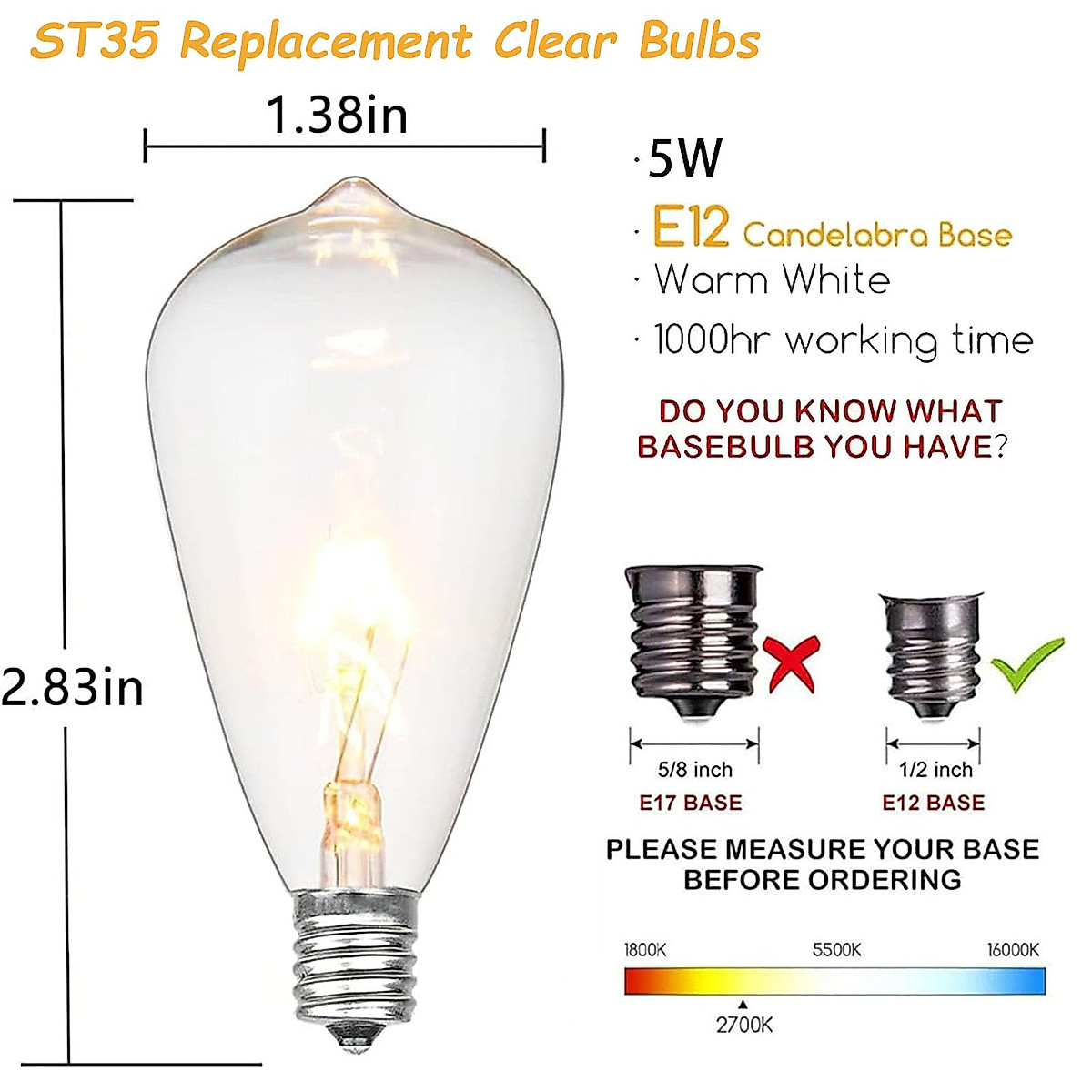 Romasaty 25-Pack ST35 Light Bulbs Replacement Edison Clear Bulbs -5 Watts C7/E12 Screw Base for Indoor/Outdoor Patio String Lights