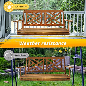 VINGLI 3-Seater Wooden Porch Swing, Heavy Duty Porch Bench Swing with 4FT Hanging Chains, Acacia Waterproof Porch Swing for Garden, Patio, Balcony, Backyard, Natural