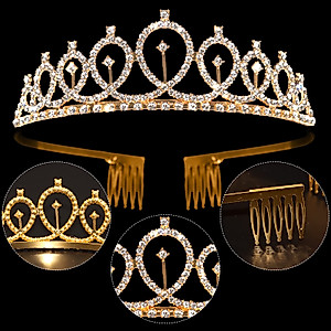 ZOCONE 2 Pack Crystal Rhinestone Bridal Tiara & Birthday Queen Sash, Wedding Crown for Women Flower Girls Birthday Headband Quinceanera Crowns with Comb (Gold)