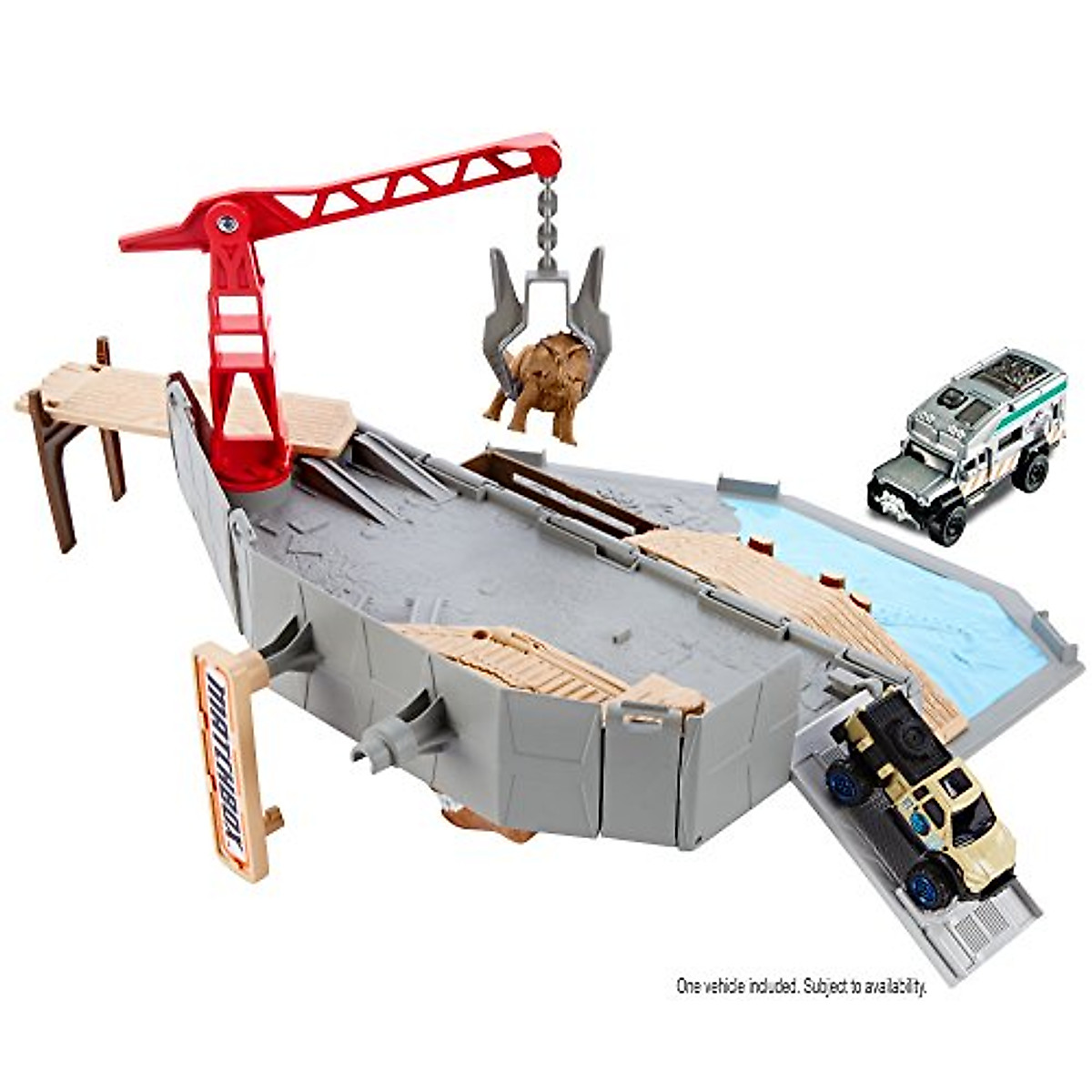Jurassic World Toys Matchbox Harbor Rescue Playset, Dock, Ramps, Crane, Habitat Pen, Push Button Trigger, Triceratops Dino Action Figure, Off Road vehicle, Folds Up for Easy Storage, Portable