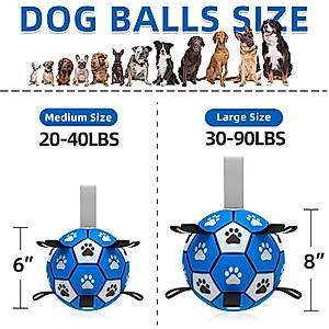 QDAN Dog Ropes Toys Soccer Ball with Straps, Interactive Dog Toys for Tug of War, Puppy Birthday Gifts, Dog Tug Toy, Dog Water Toy, Durable Dog Balls for Medium & Large Dogs-Blue&Grey（8 Inch）