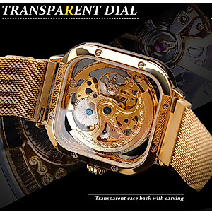 FORSINING Fashion Automatic Mechanical Wrist Watch Golden for Mens Waterproof Watches with Stainless Steel Skeleton Transparent Dial with Royal Flower Movement Carving