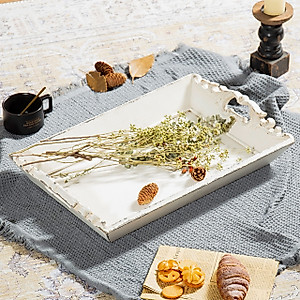 Large Ottoman Tray for Food, Snack, Breakfast in Bed, Unique Rustic Wooden Tray with Handles, Rectangular White Decorative Trays for Coffee Table Dinner Kitchen, Wooden Handcrafted Tea Tray