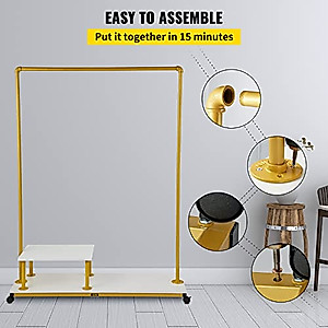 VEVOR Clothing Garment Rack, 47.2"x14.2"x63.0", Heavy-duty Clothes Rack w/Bottom Shelf & Side Shelf, 4 Swivel Casters, Sturdy Steel Frame, Rolling Clothes Organizer for Retail Store Boutique, Gold
