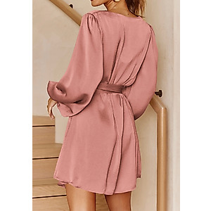 PRETTYGARDEN Women's Spring Long Puff Sleeve Satin Dress V Neck Cocktail Party Belted Short Formal Dresses (Dusty Pink,Medium)