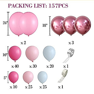 157pcs Pink Balloon Arch Garland Kit, Hot Pink Rose Red Chrome Balloons for Girls Birthday Princess Theme Bridal Baby Shower Wedding Background Decorations
