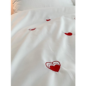 QWINEE 3Pcs Heart Embroidered Duvet Covers Sets Soft 3 Pieces Farmhouse Bedding Set with 1 Comforter Cover and 2 Pillowcases for All Season Rustic Lightweight White A Full