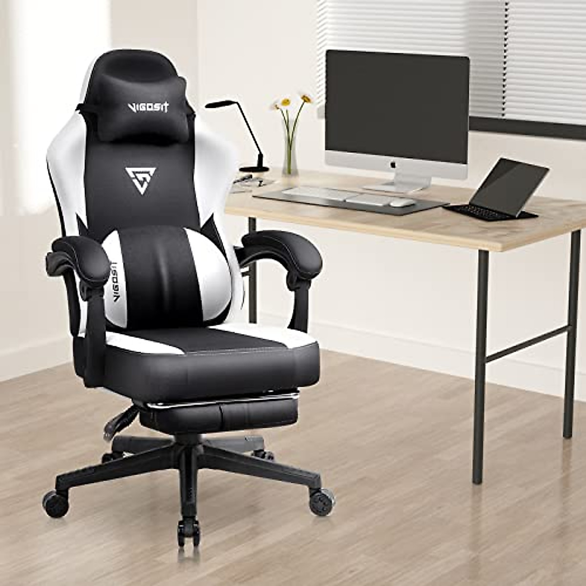 Vigosit Gaming Chair with Footrest, Fabric Gamer Chair with Lumbar Support Pillow, Computer Game Chairs for Adults, Big and Tall Office Chair Gaming 300LBS (Black White)