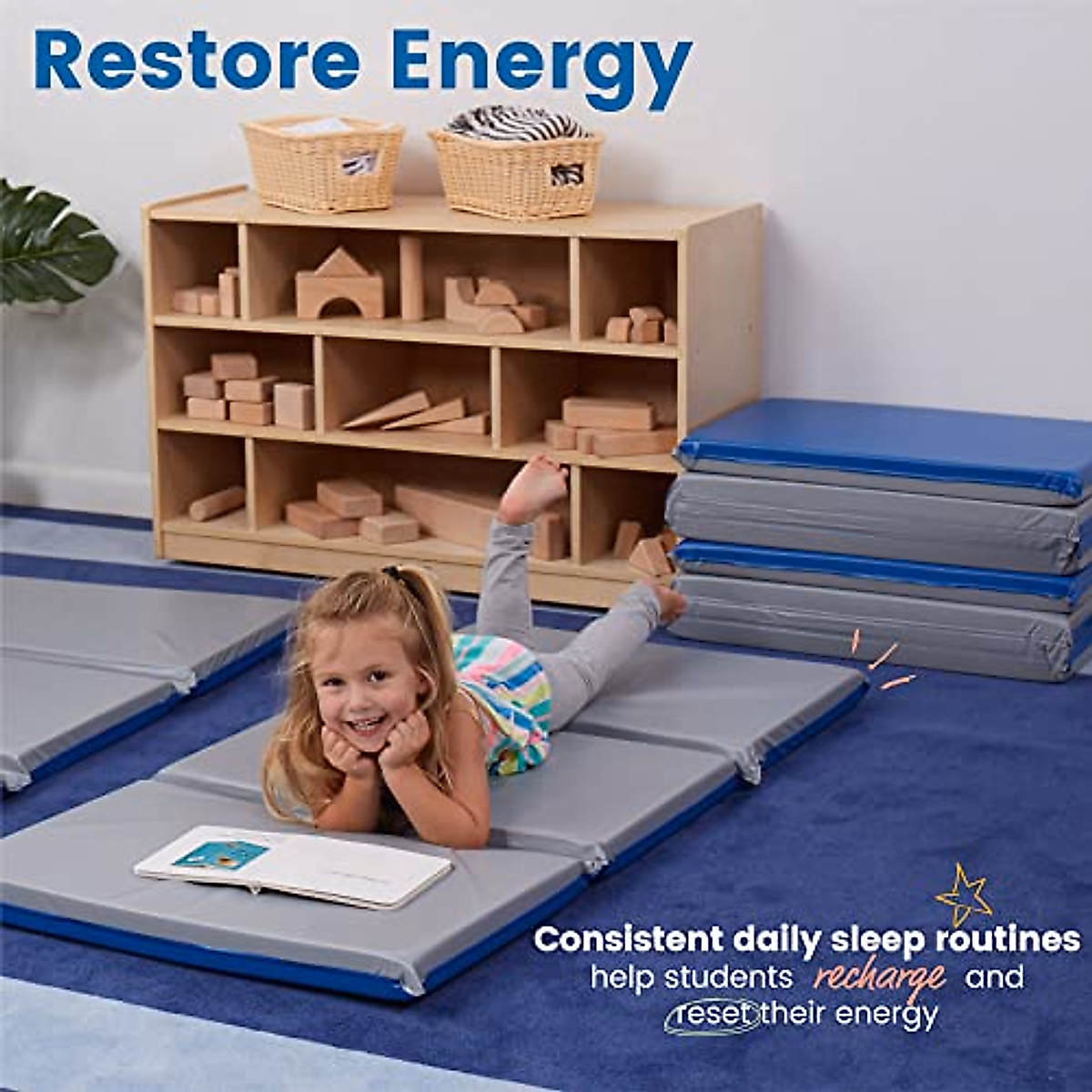 ECR4Kids Premium Folding Rest Mat, 3-Section, 1in, Sleeping Pad, Blue/Grey, 5-Pack