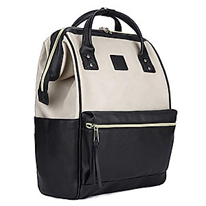 Kah&Kee Leather Backpack Diaper Bag with Laptop Compartment Travel School for Women Man (Beige/Black, Large)
