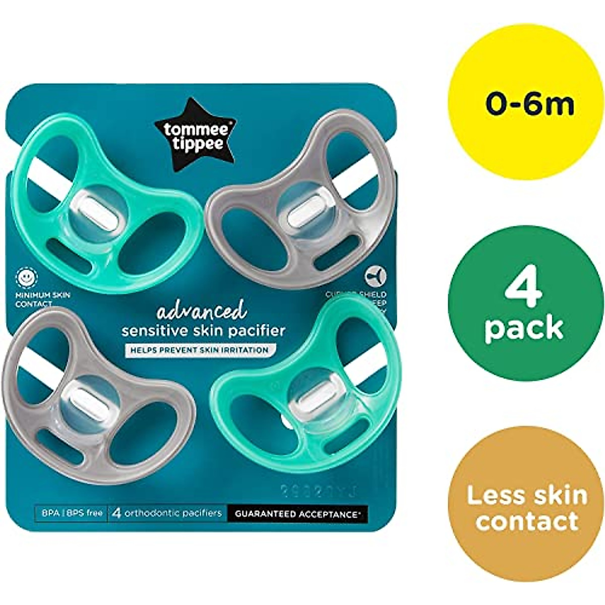 Tommee Tippee Advanced Sensitive Skin Pacifier, Unique Shield for Less Skin Contact, Symmetrical Design, BPA-Free Binkies, 0-6m, 4 Count