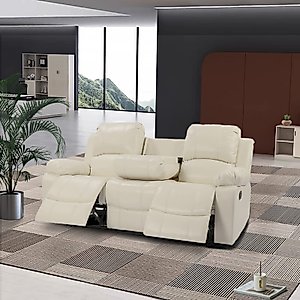 Pannow Double Recliner Loveseat with Console Slate, Double Reclining Sofa with Cup Holder, 3-Seater with Flipped Middle BACKREST Beige Air Leather, Theater Seating Furniture Sofa Bed